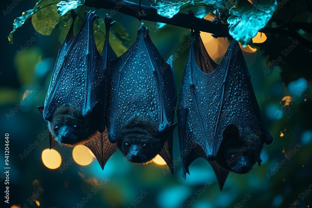 An exhibit of bats-in-captivity hanging from a brench in a terrarium ...