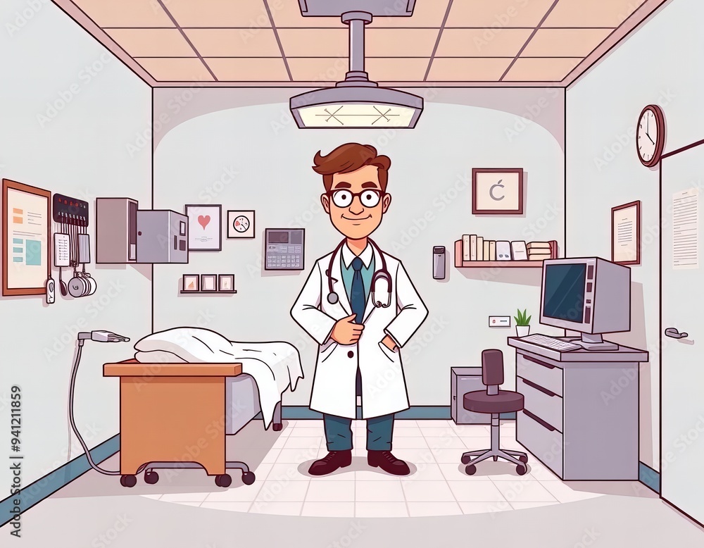 cartoon doctor in a hospital room with a bed and a monitor. Stock ...