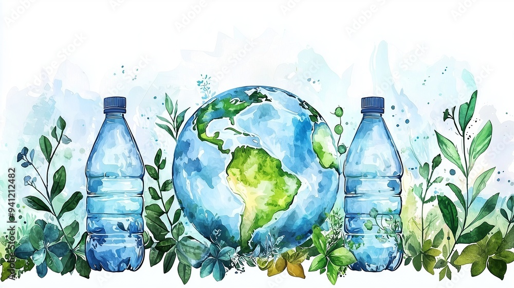 Pet plastic bottles and earth surrounded by greenery symbolize eco ...
