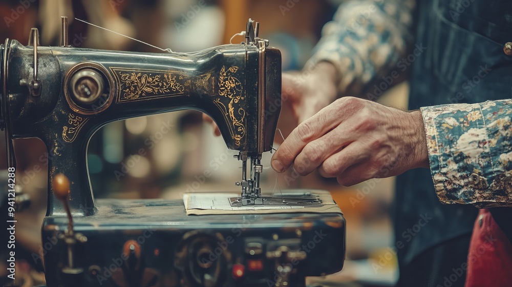Vintage sewing machine, man sews on a vintage sewing machine, retro ...