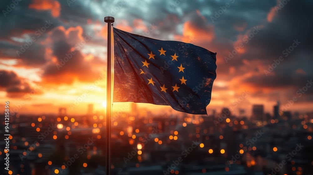 majestic european union flag billowing against dramatic sunset sky ...
