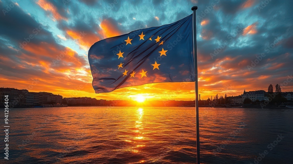 majestic european union flag billowing against dramatic sunset sky ...