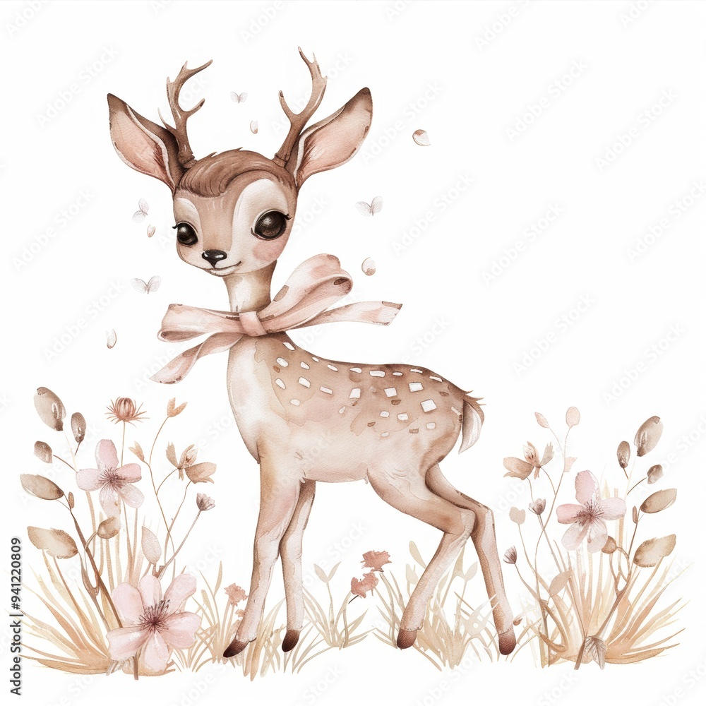 Cute deer with bow, simple watercolor clipart on a white background ...