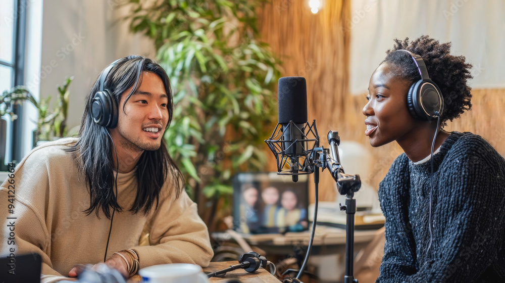 Multiracial hosts having podcast session together - African female ...