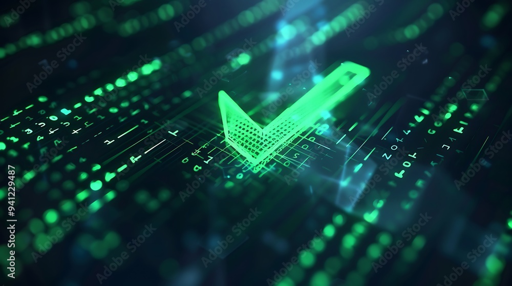 Neon Green Check Mark on Digital Screen Symbolizing Approval in Tech ...