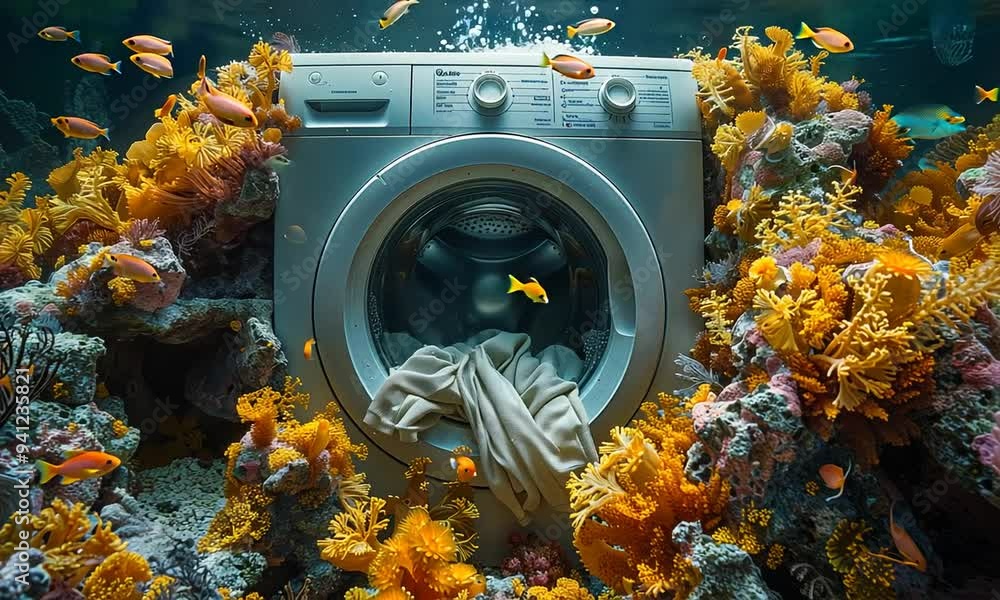 A washing machine rests amidst stunning coral reefs, with colorful fish ...