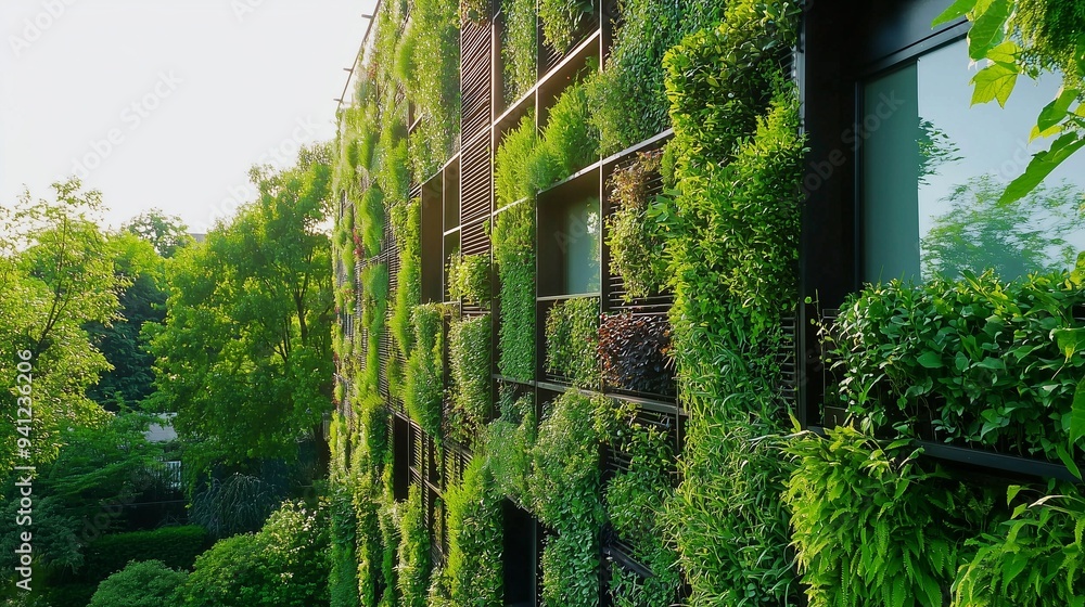 Green lush vertical balconies and rooftop represent sustainable ...