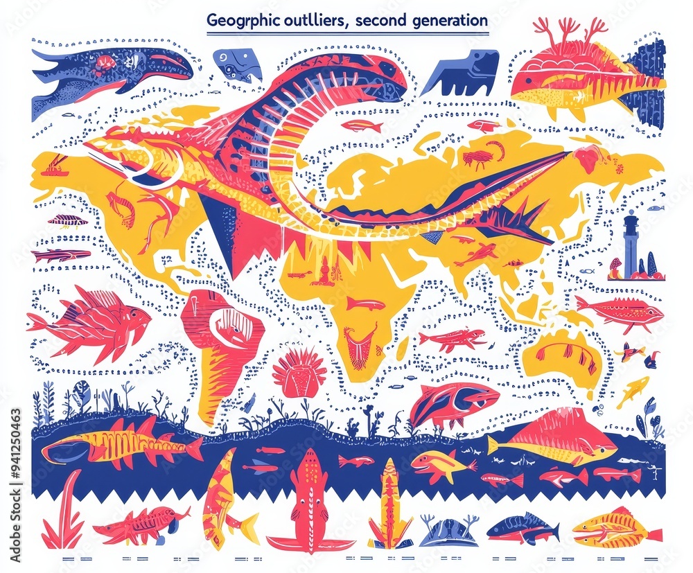 Wild animals distribution on the world map outline concept. Labelled ...