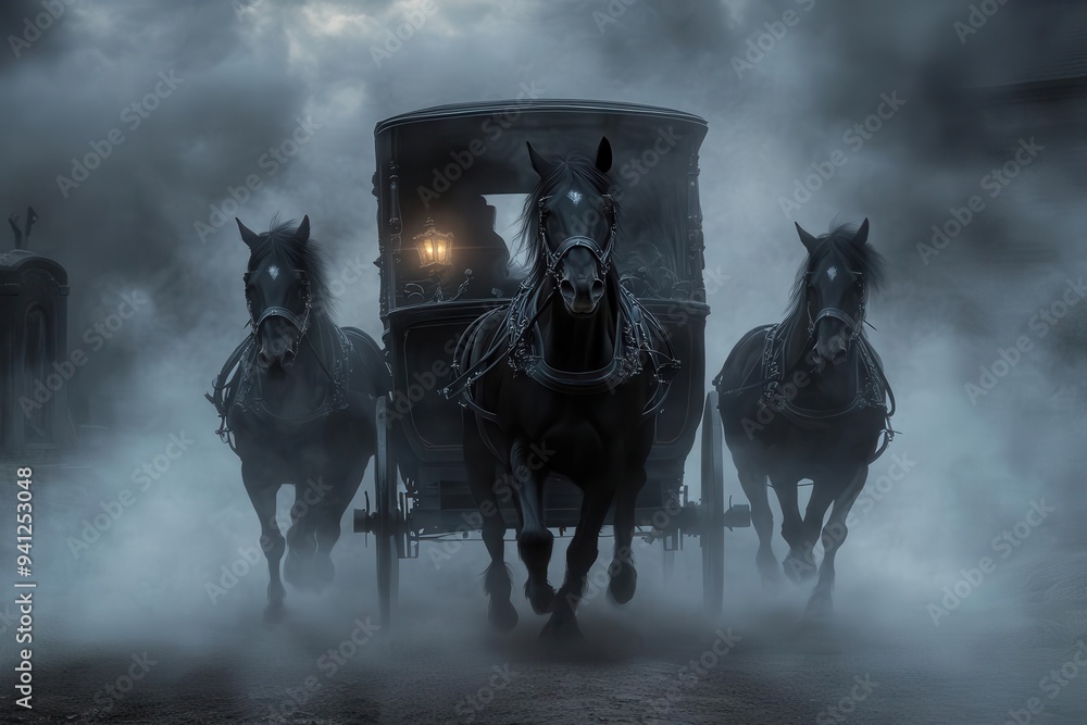 Gothic phantom carriage led by ghostly horses, traveling through a ...