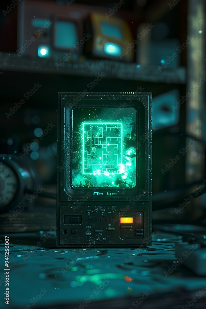 Raypunk style handheld monitor device with led buttons and glowing ...