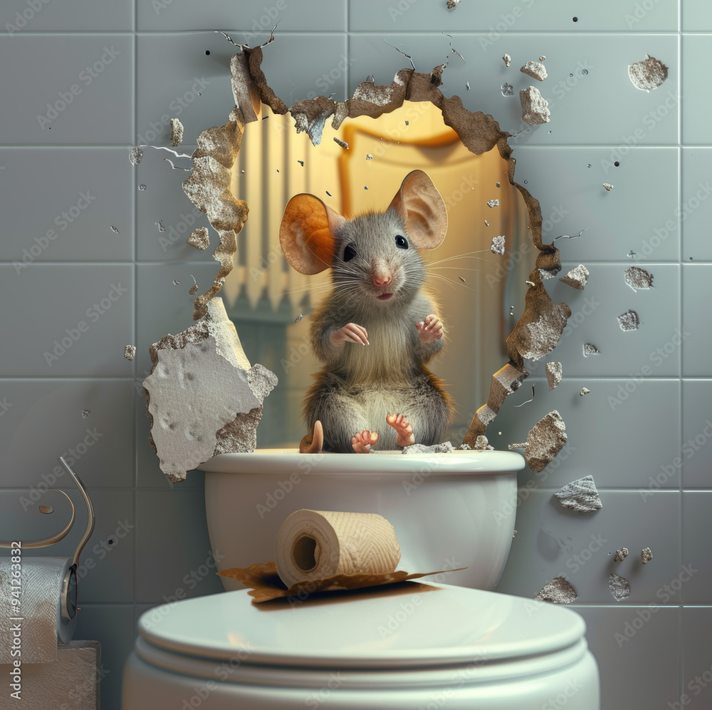 Mouse Sitting on Toilet inout of a hole in wall decore Stock Photo ...