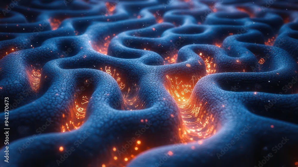 surreal brainshaped maze with glowing pathways miniature figures ...