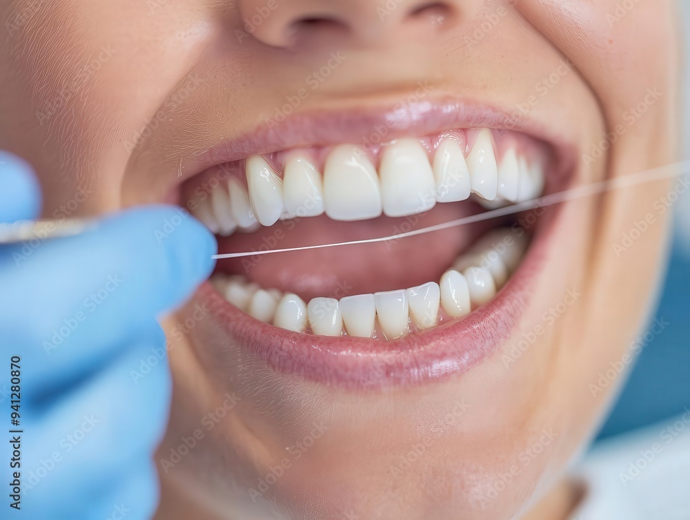 A patient in a dental chair being shown how to use string floss by a ...