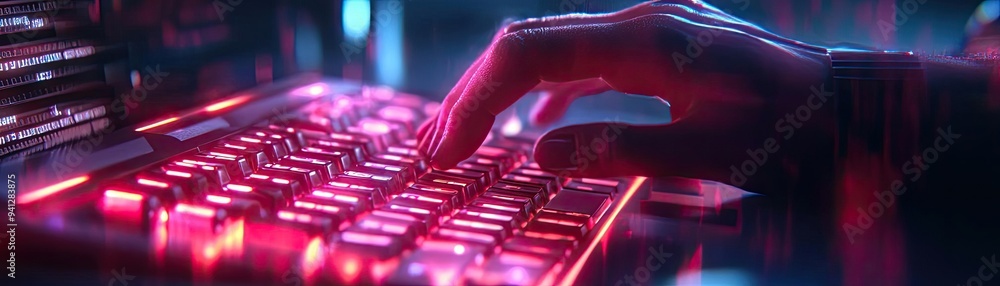 Cyberpunk hacker typing on a holographic keyboard, neon code scrolling ...