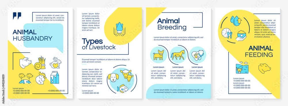 Animal husbandry blue and yellow brochure template. Leaflet design with ...