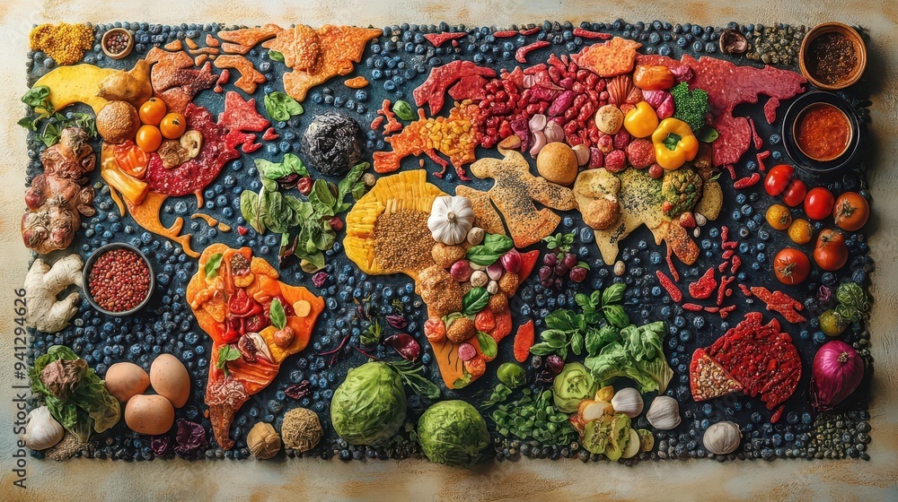 vibrant world map composed of diverse international cuisines each ...