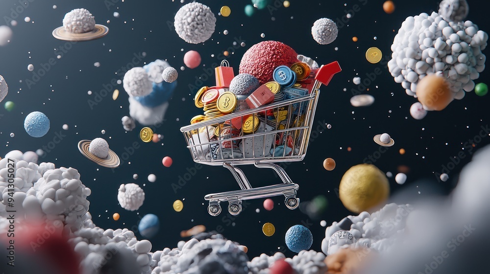 Floating E-commerce Cosmos: Shopping Cart in Space Surrounded by Coin ...