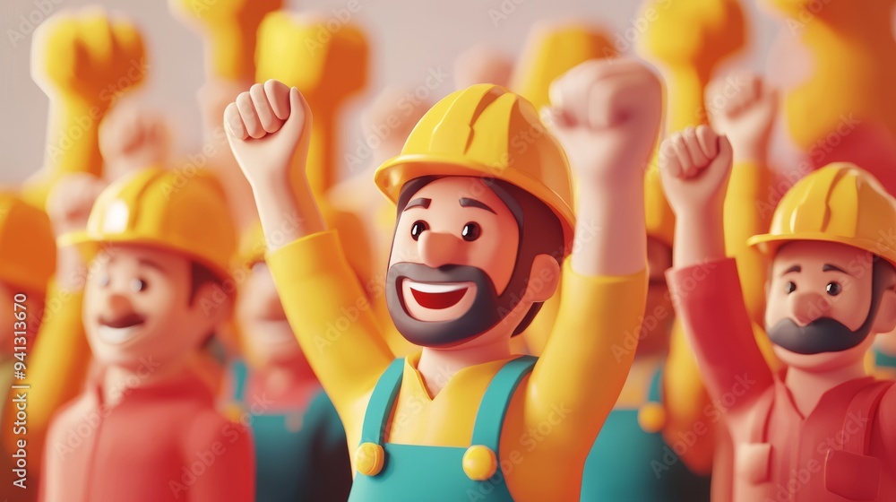 Cartoon workers cheering with raised fists and hard hats Stock ...