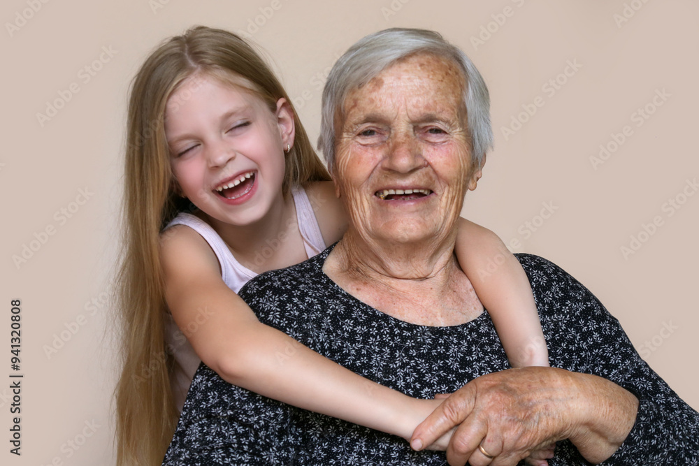 Happy family, child and great grandma hug, relax, smile, love and bond ...