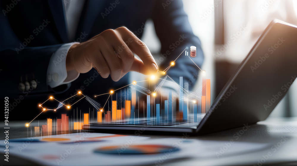 Businessman using tablet and laptop analyzing sales data and economic ...