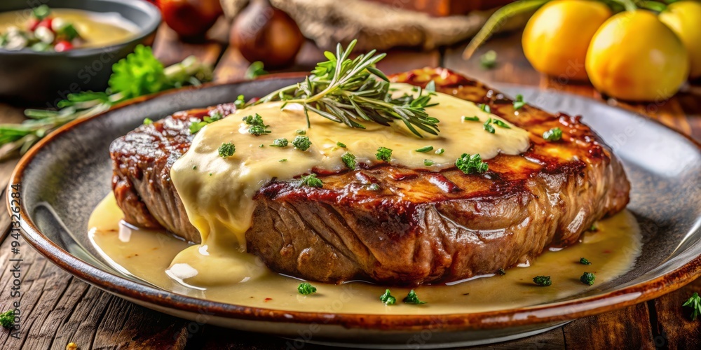 Juicy steak entrecote with garlic butter and gruyère sauce, fine dining ...