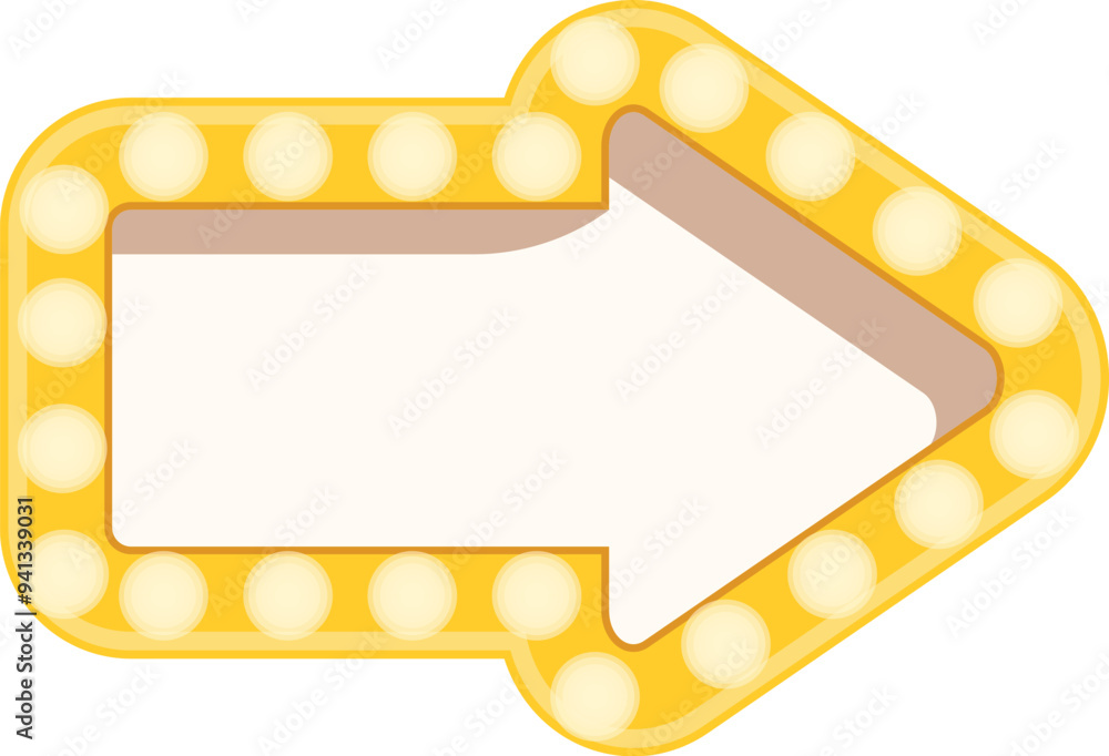 Golden arrow sign with glowing lights pointing to the right over white ...