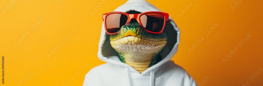 The snake is wearing white hoodies and sunglasses on a pastel pink ...