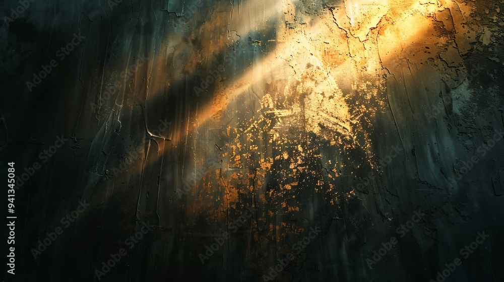 Abstract contrast of light and darkness, beams of light piercing ...