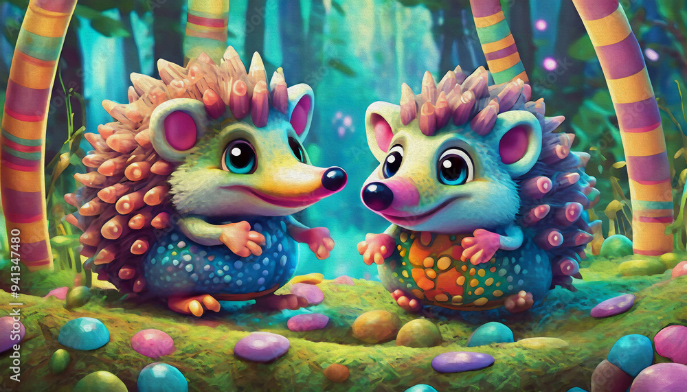 oil painting style cartoon character illustration A pair of playful ...