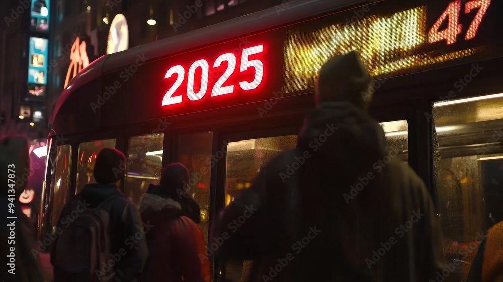 On a large outdoor screen, a countdown timer displays "2025" as ...