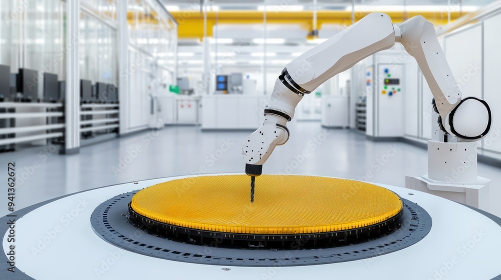 Robotic arm drilling into two large wafers in an industrial factory ...