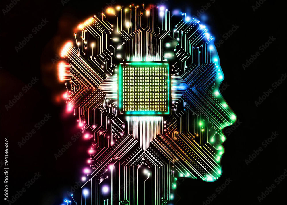 brain and face profile formed by a circuit of electronic chips that ...