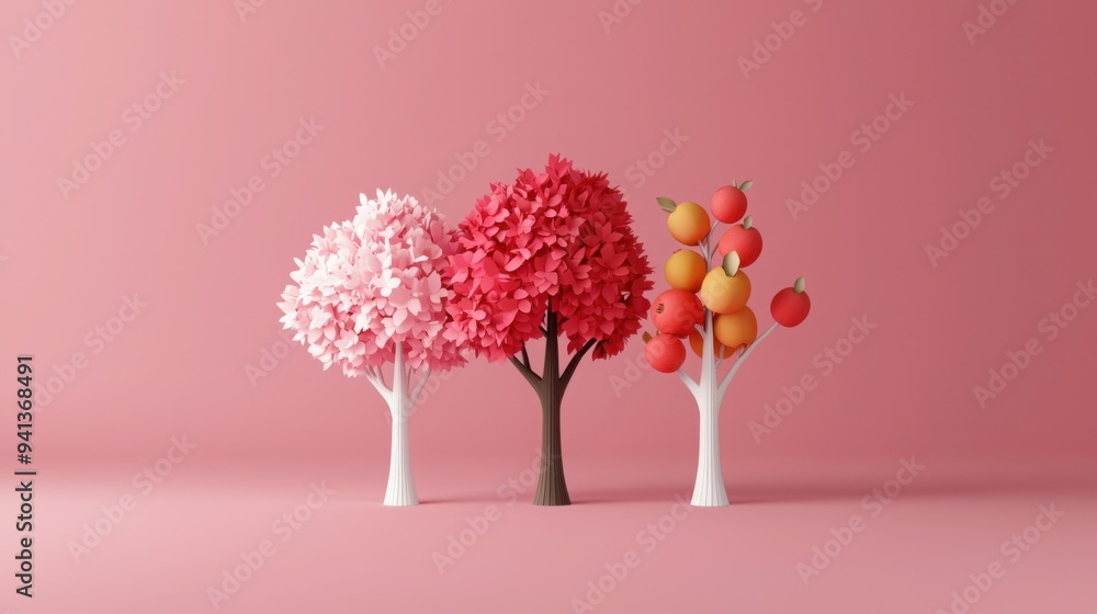 Stylized fruit trees in a minimalist orchard, featuring soft pastels ...