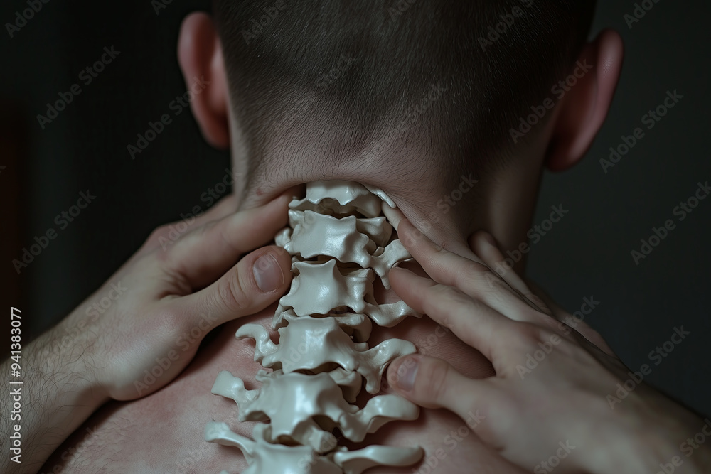 Man with severe cervical spine neck pain holding and massages, 3D x-ray ...