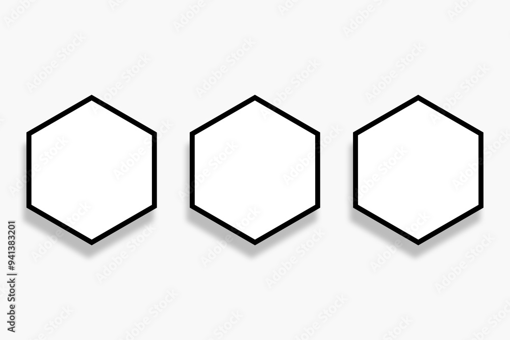 3 Polygon photo frames template of hexagon shapes with a black border ...