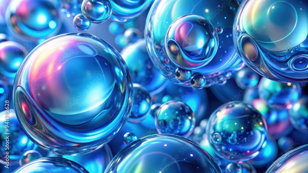 Light blue and cobalt holographic liquid render bubble shape, ultra 4K ...