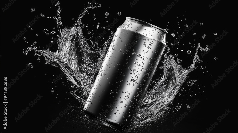 Dynamic black and white image of an energy drink can with dramatic ...
