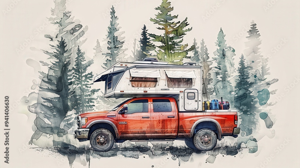 Depict a pickup truck with a camper attachment, perfect for adventurous ...