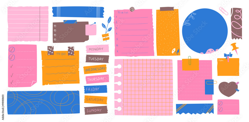 Set of cartoon papers notes, office forms. Sticky stickers reminders ...