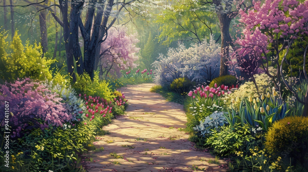 Depict a spring garden path lined with blooming lilacs, flowering ...
