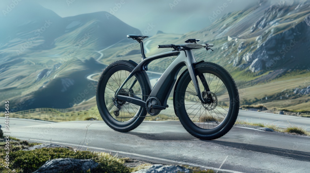 Depict an e-bike with a sleek frame and digital dashboard riding along ...