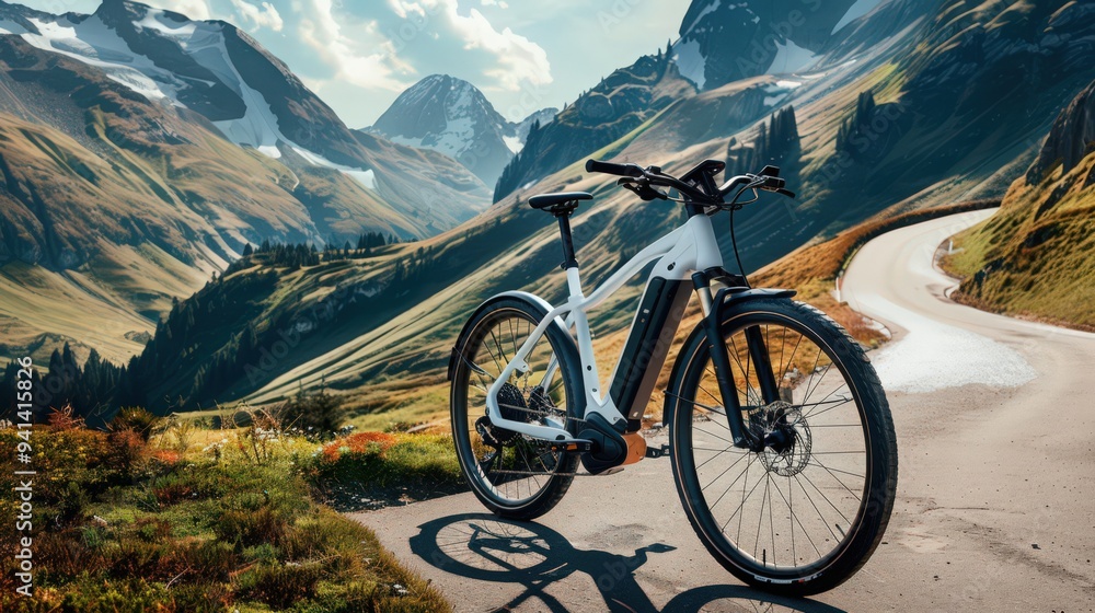 Depict an e-bike with a sleek frame and digital dashboard riding along ...
