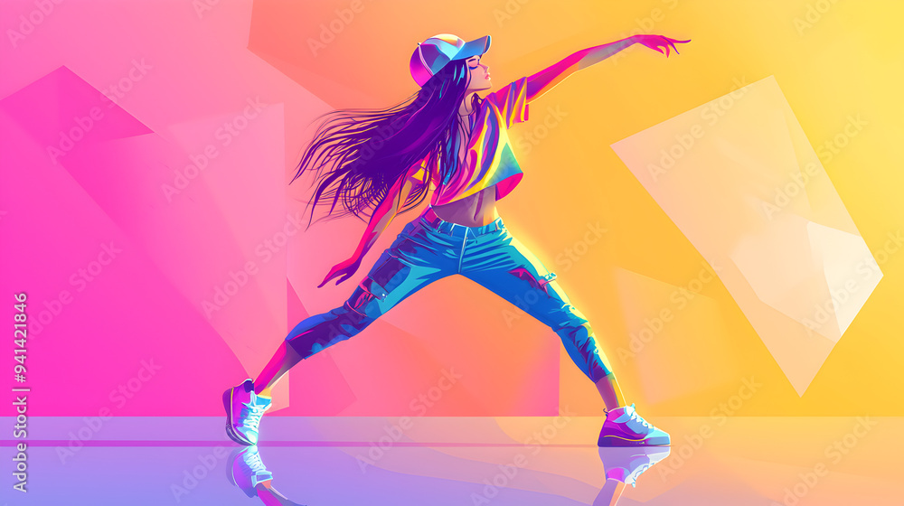 A vector illustration of a dancing teen pop girl that dressed a modern ...