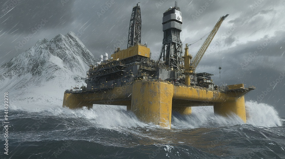 ภาพประกอบสต็อก Offshore oil rig battling stormy seas near rugged ...