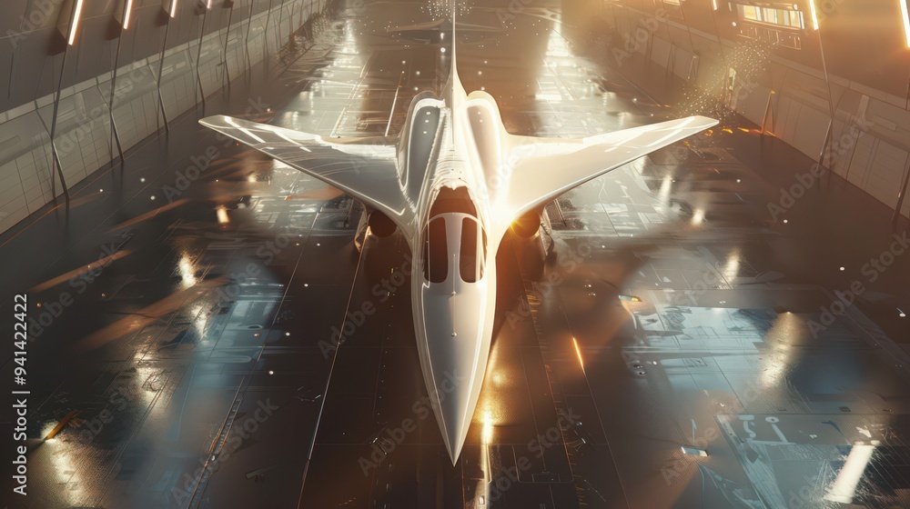 Highlight the exterior of a supersonic jet, emphasizing its sleek ...