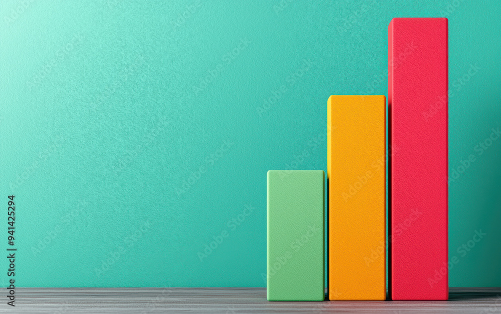 Colorful bar graph with three vertical bars on a teal background ...