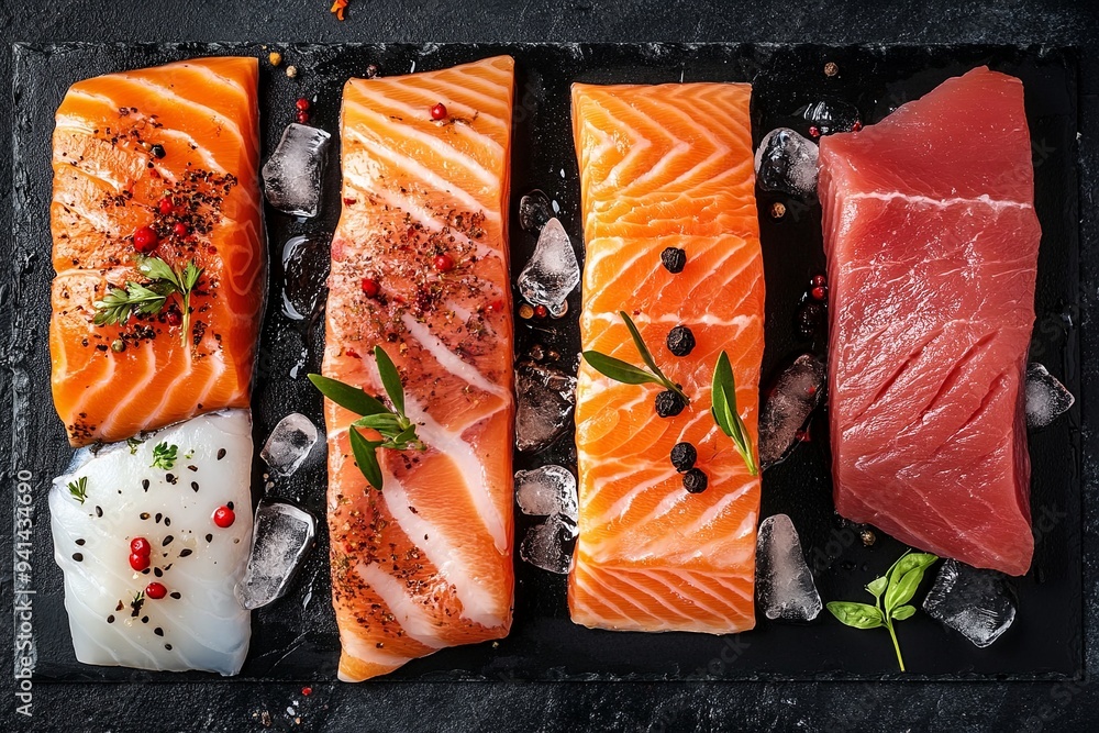 Food collage of various fresh fish fillets, pangasius white fish, red ...