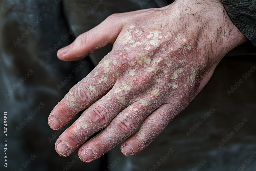 Man scratch oneself, dry flaky skin on hand with psoriasis vulgaris ...