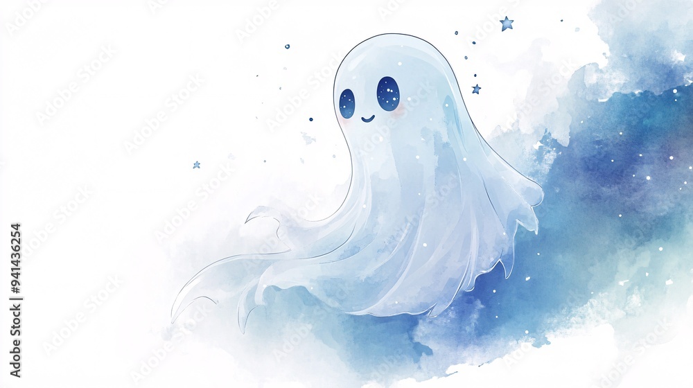 Soft watercolor clipart, a floating ghost with a soft, transparent body ...