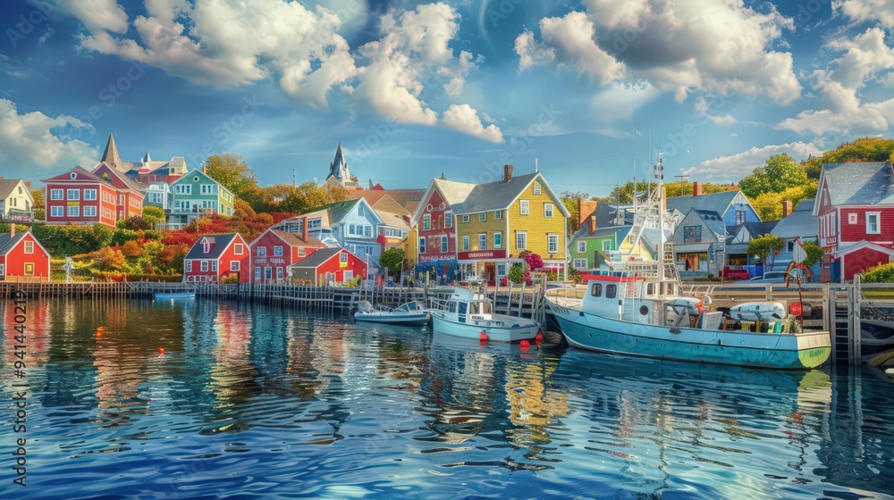 Show a ferry docking at a quaint seaside village, with colorful ...